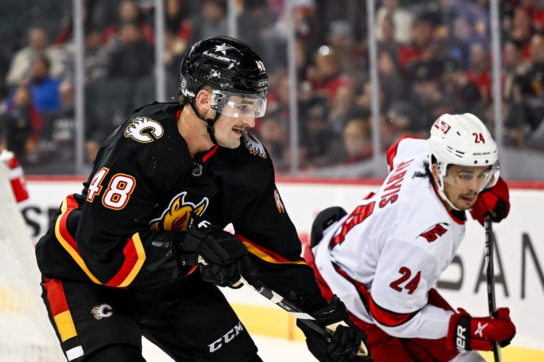 Flames score three in 3rd period, stun Hurricanes - Field Level Media ...
