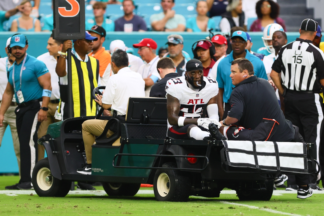 Falcons await news after S DeMarcco Hellams, LB Bralen Trice carted off field - Field Level ...